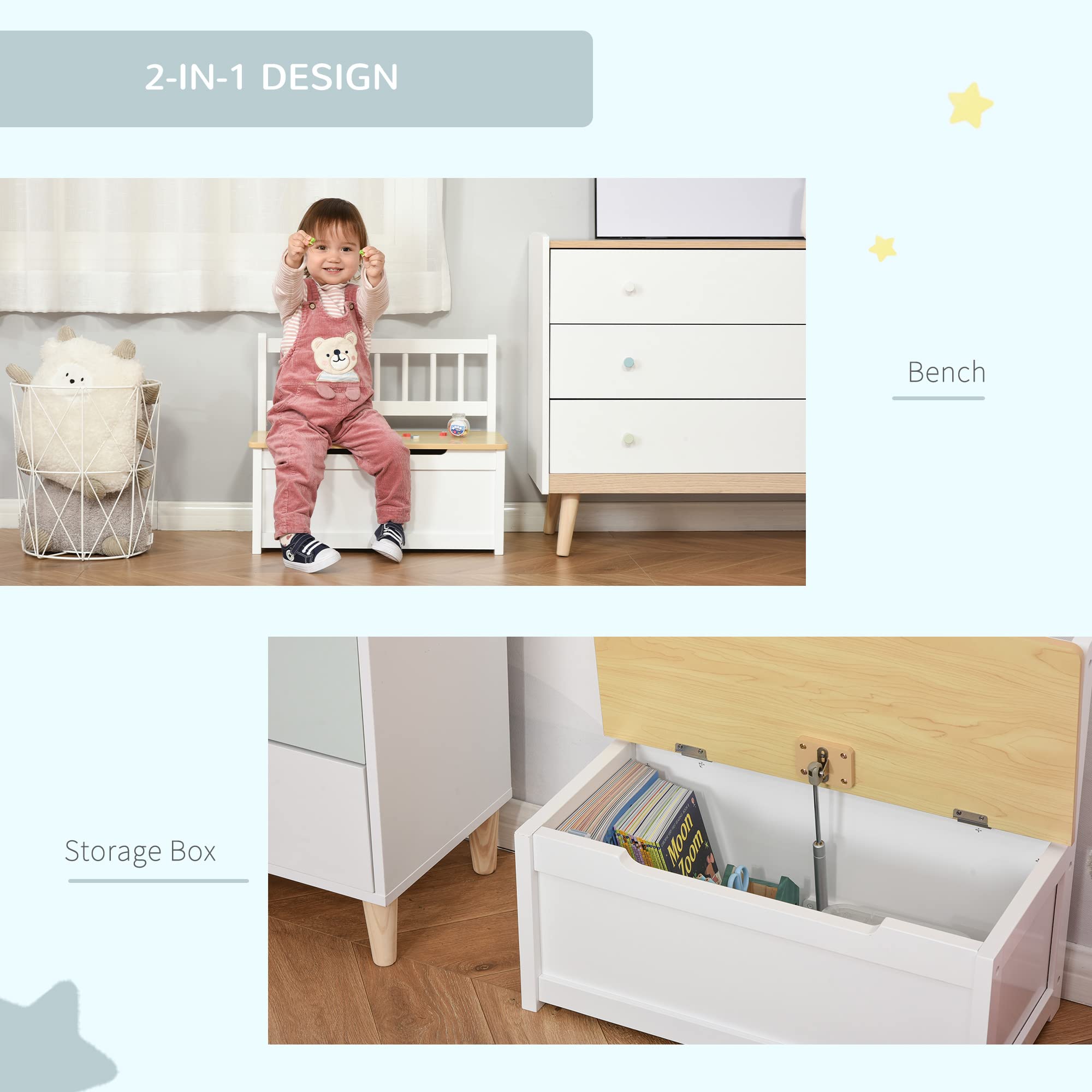 HOMCOM Qaba 2-In-1 Kids Toy Chest Storage Box with Seat Bench Cabinet Chunk Cube with Safety Pneumatic Rod White