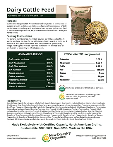 New Country Organics | Cattle Feed for Dairy Cattle | Soy-Free | 16% Protein | Certified Organic and Non-GMO | 40 lbs
