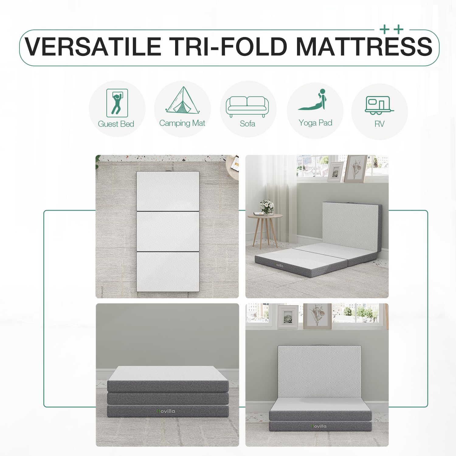 Novilla Folding Mattress Twin,4 Inch Memory Foam Tri Fold Mattress,Portable Mattress with Removable Cover for Yoga,Foldable Mattress,CertiPUR-US Certified,Twin Size
