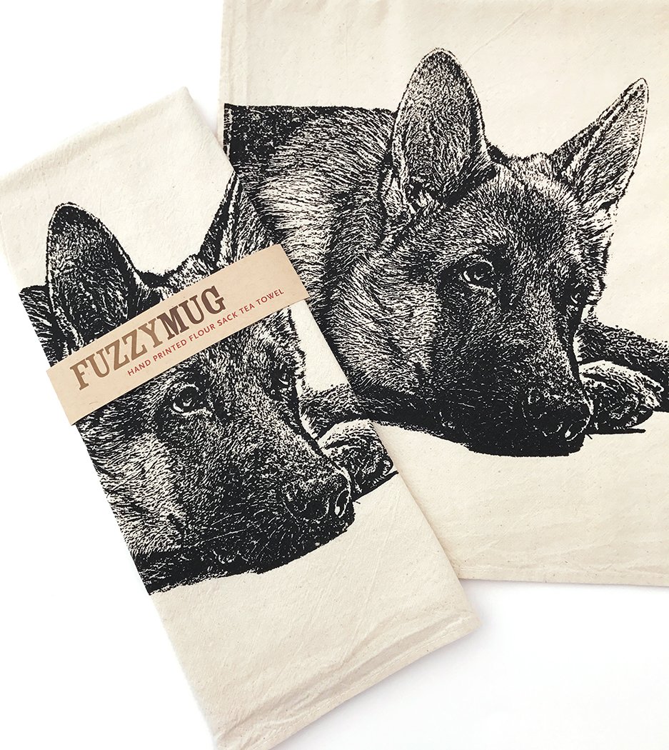German Shepherd Tea Towel in Black - Hand Printed Flour Sack Tea Towel, Dish Towel, Kitchen Towel