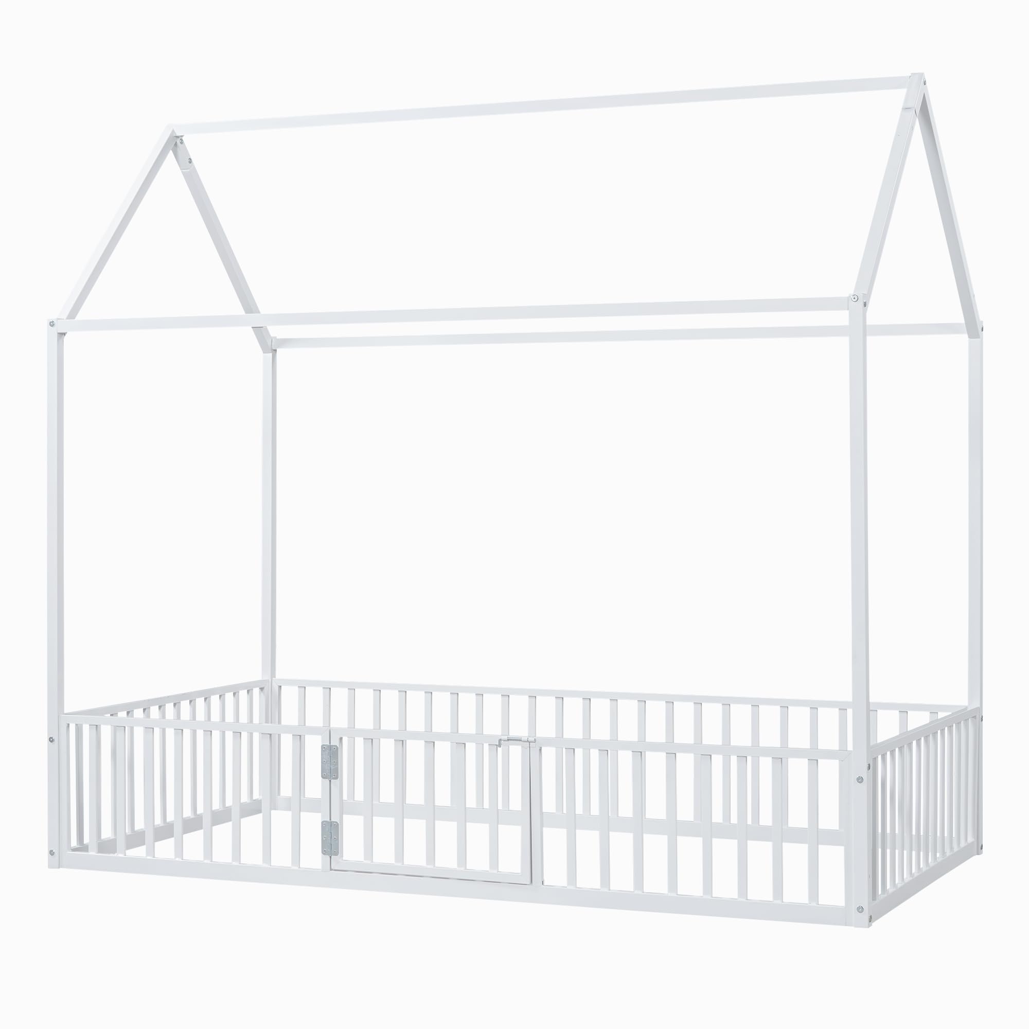 Merax Twin Size Montessori Floor Bed, Metal House Bed Frame with Roof for Kids, Teens, Girls, and Boys, No Box Spring Needed, White