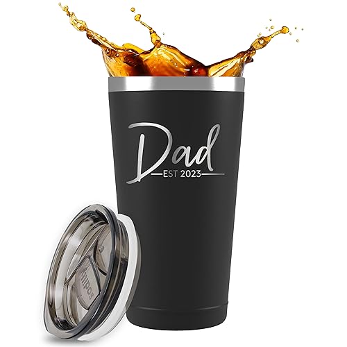 New Dad Gifts for Men - Dad EST 2023, 16 oz Insulated Coffee Tumbler with Lid - First Time Dad Gifts for Fathers Day - Gifts for New Dad - New Parents Gifts for Dads Ideas - Dad Tumbler Cup - Black