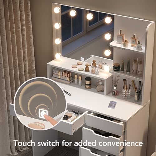 Diwnnue Vanity Desk with LED Lighted Mirror, Makeup Vanity Table Set with 6 Drawers, 3 Color Lighting Modes Brightness Adjustable, Hidden Wiring, Dressing Table for Bedroom, White