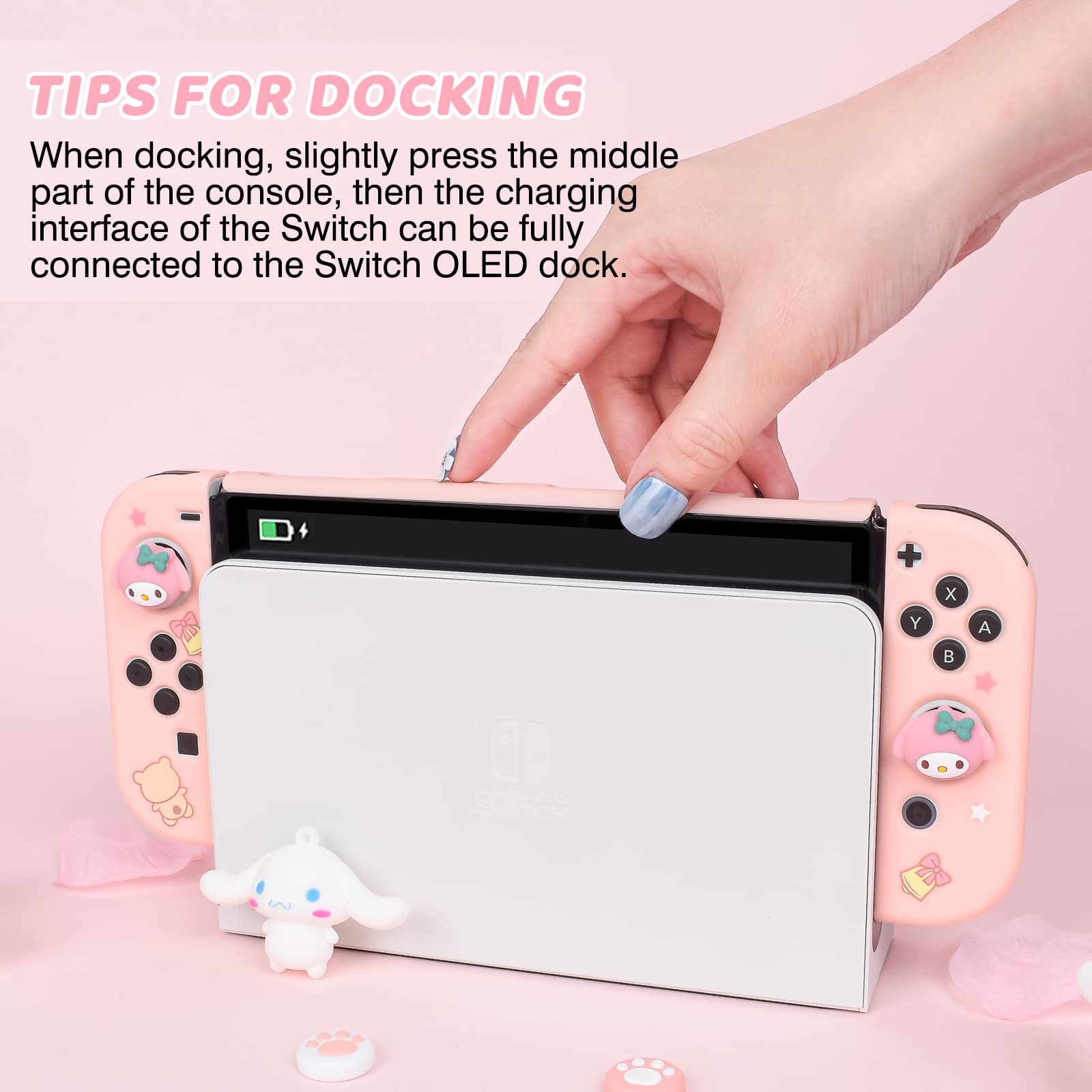DLseego Pink Dog Switch OLED Case Dockable Protective Hard Shell Shockproof Scratch Resistant Baby Skin Touch Cover with 4PCS Cute Thumb Grips Caps