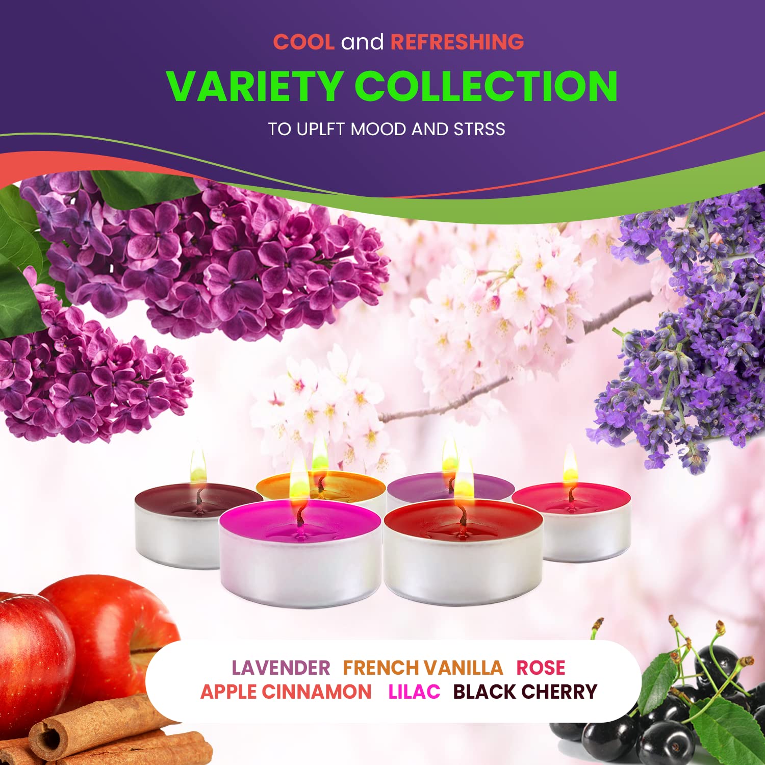 Scented Tealight Candles 90-Pack Bulk Variety Pack | Small Votives for Home & Weddings | Long Lasting Smokeless & Dripless | 6 Fragrances - Lavender, Vanilla, Rose, Apple Cinnamon, Lilac, Black Cherry