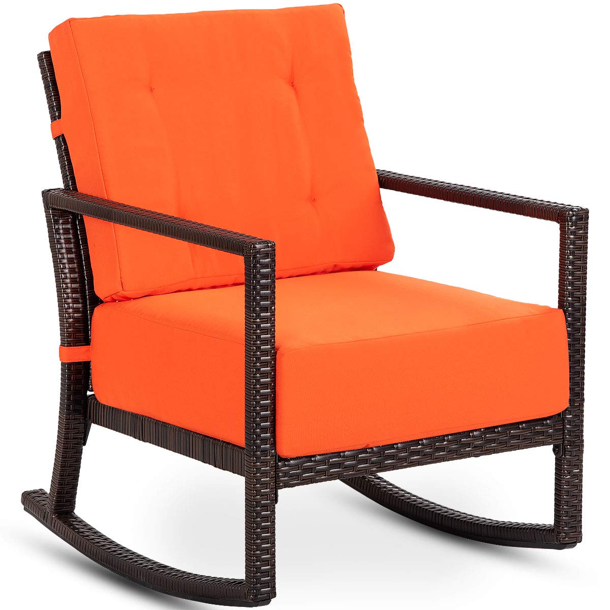 Tangkula (Orange) Rocker, Outdoor Patio Rattan Wicker Rocking Armchair Chair Furniture W/Cushion