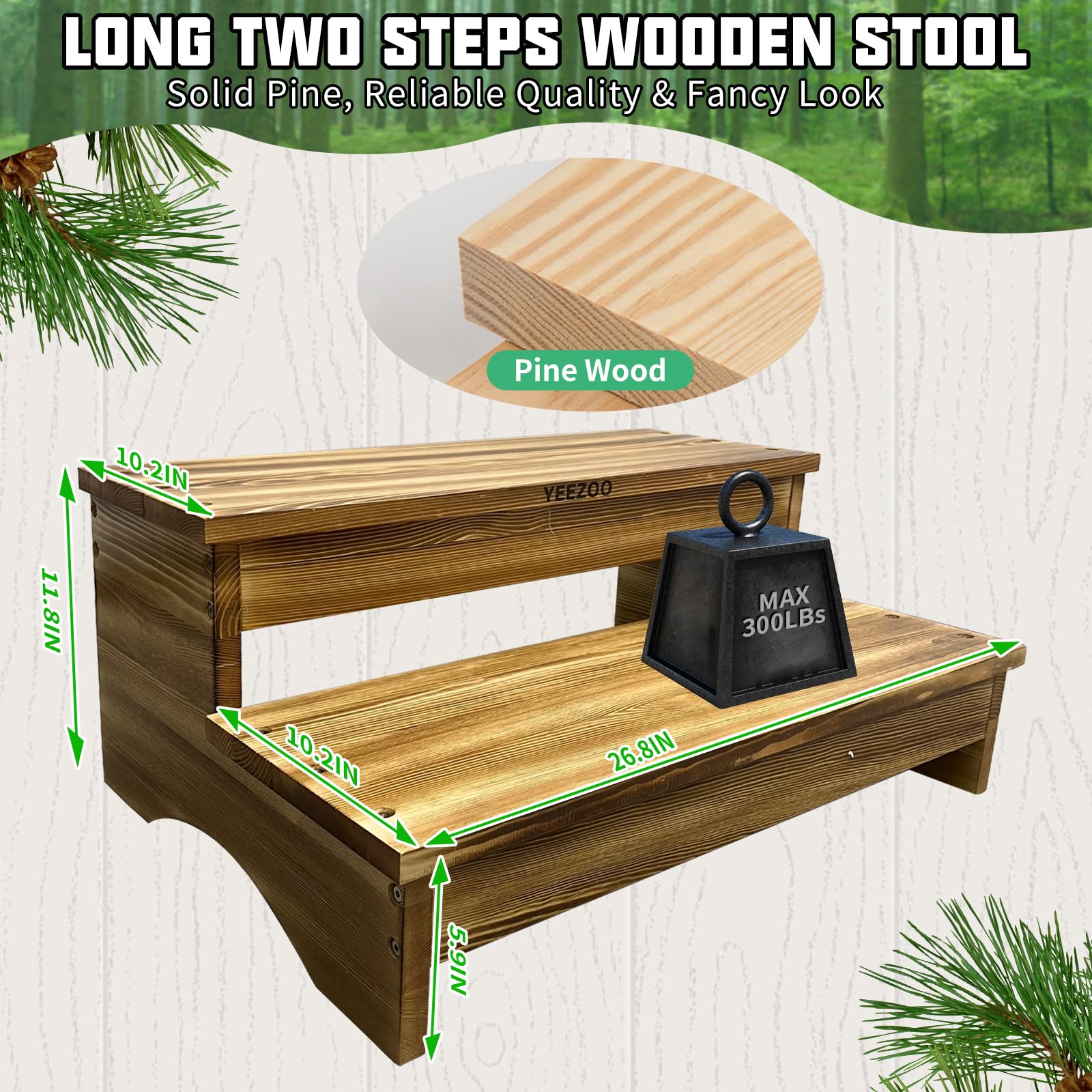 Long wooden step stool, 2 steps wood stool with non-slip pads for kitchen high bed for kids, adults and elderly (26.8" L*20.1" W*11.8" H)