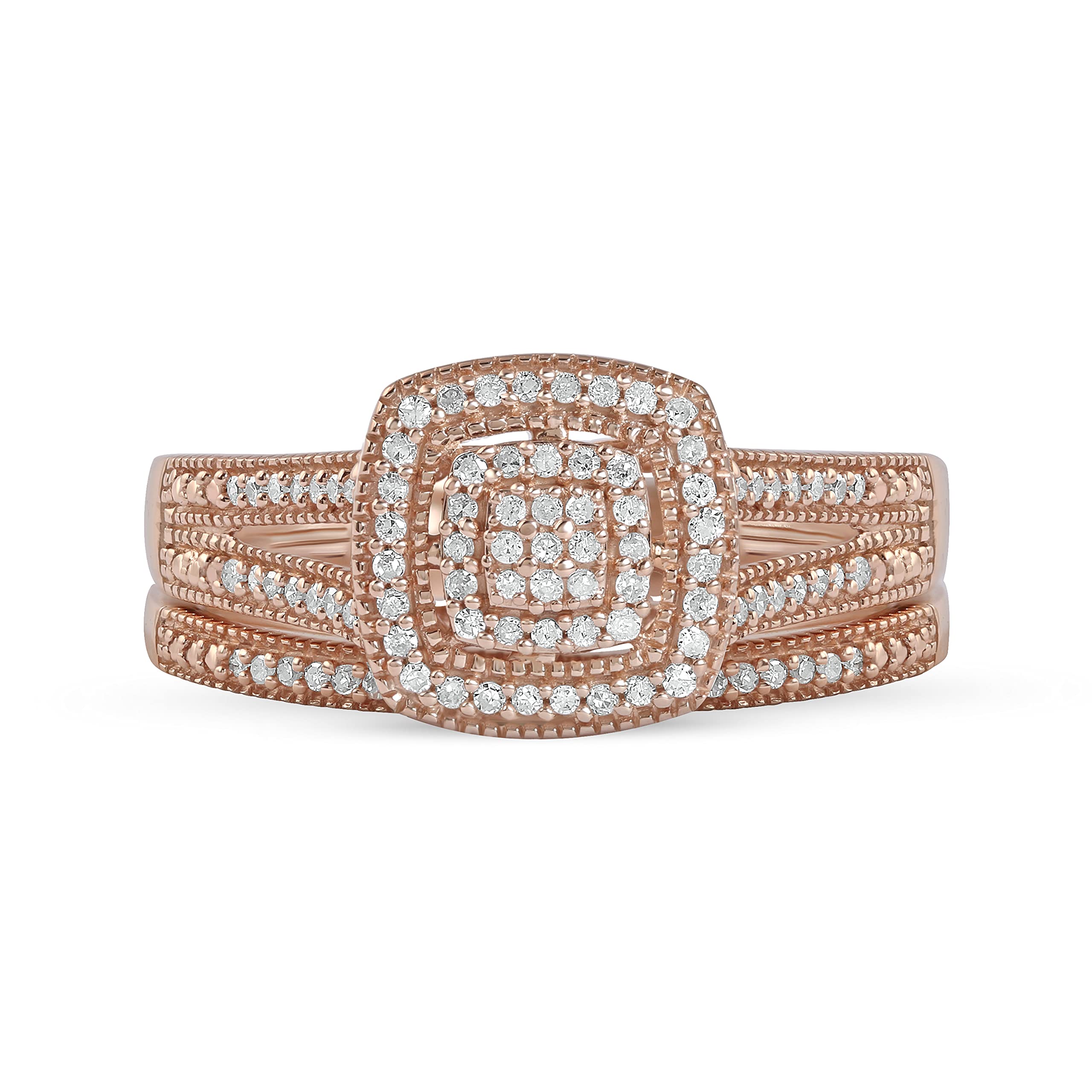 DZON Sterling Silver with Rose Gold Plating 1/4CT TDW Round Diamond Split Shank Cushion Cluster Halo Wedding Ring Sets Love Gift for Women (I-J,I2)