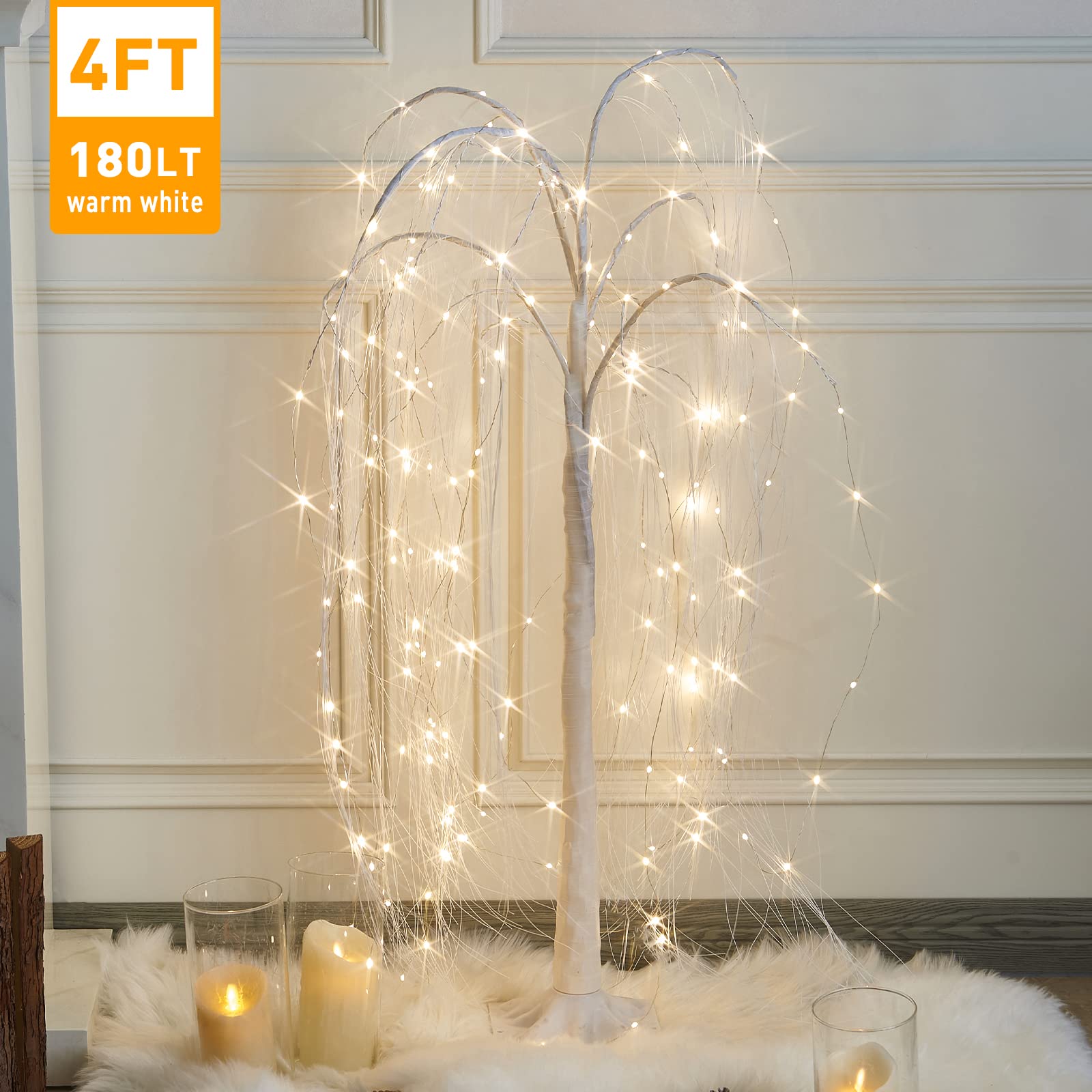 EAMBRITE 4FT Lighted Willow Tree, Weeping Willow Artificial Tree with 180 Twinkle Fairy Lights, White Christmas Tree for Home Office Holiday Party Indoor Outdoor Decoration