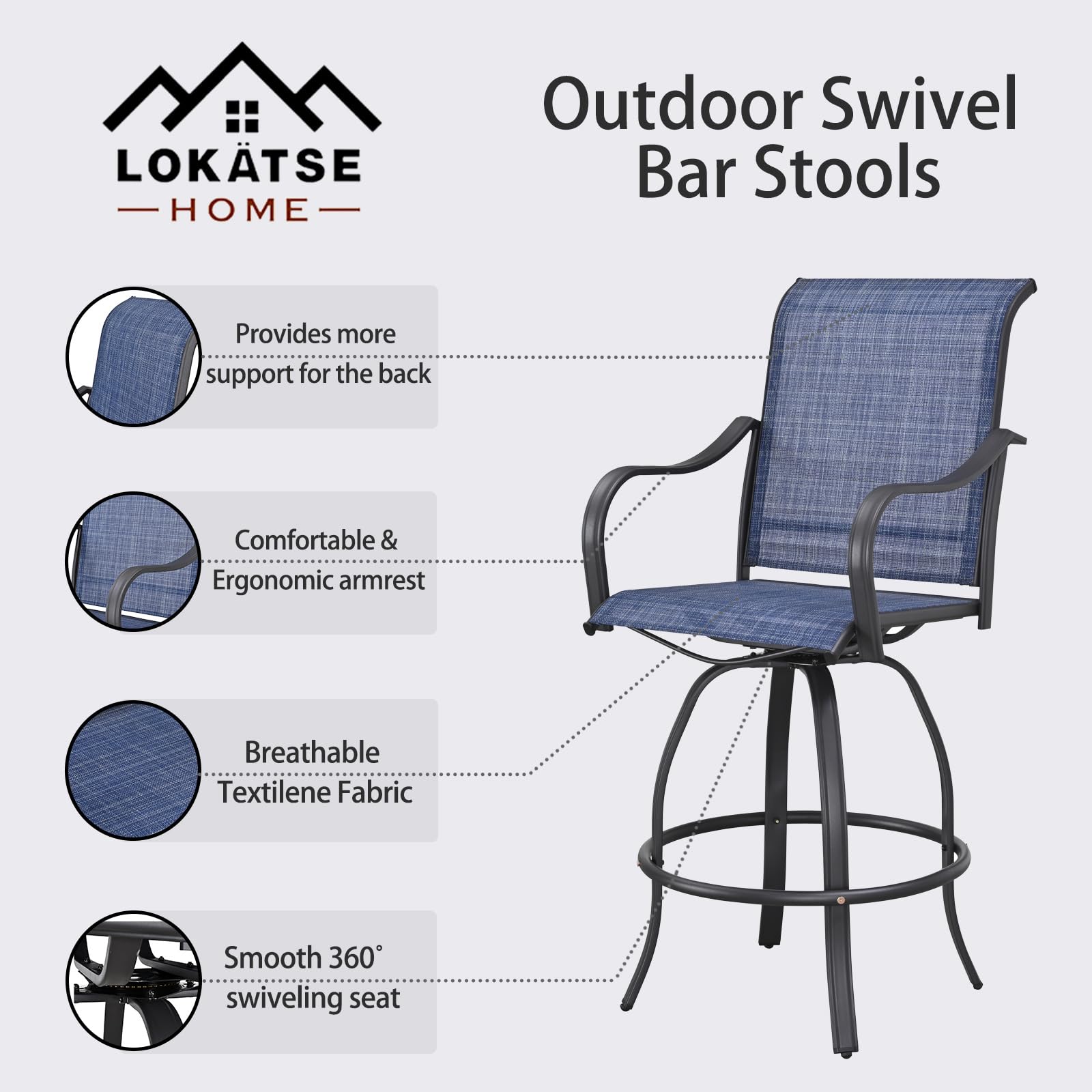 LOKATSE HOME 2 PCS Outdoor Swivel Bar Stools Height Chairs with Armrest for Backyard Deck Lawn Garden, Blue