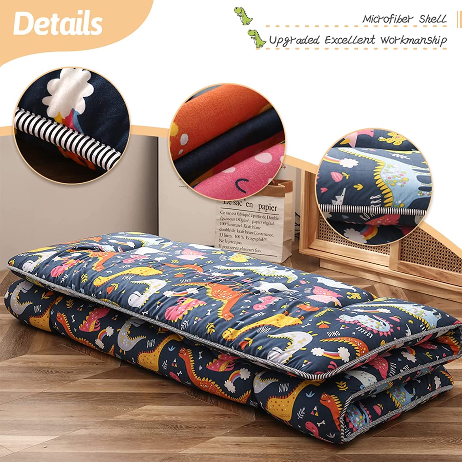 Dinosaur Japanese Floor Futon Mattress for Boys Girls, Thicken Tatami Mat Sleeping Pad Foldable Bed Roll Up Mattress Floor Lounger Bed Couches and Sofas for Kids Queen Size