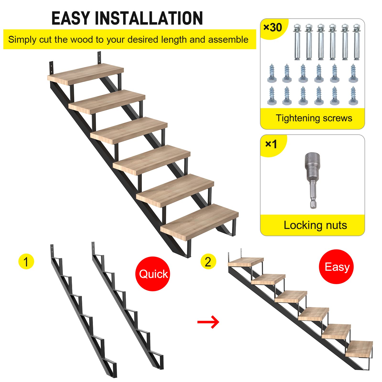 Doniks Steel Stair Step Riser -6 Step for Deck Height 49.4 Inches Metal Stair Stringer Step Stringer Support Connector Frame Hanger Bracket
