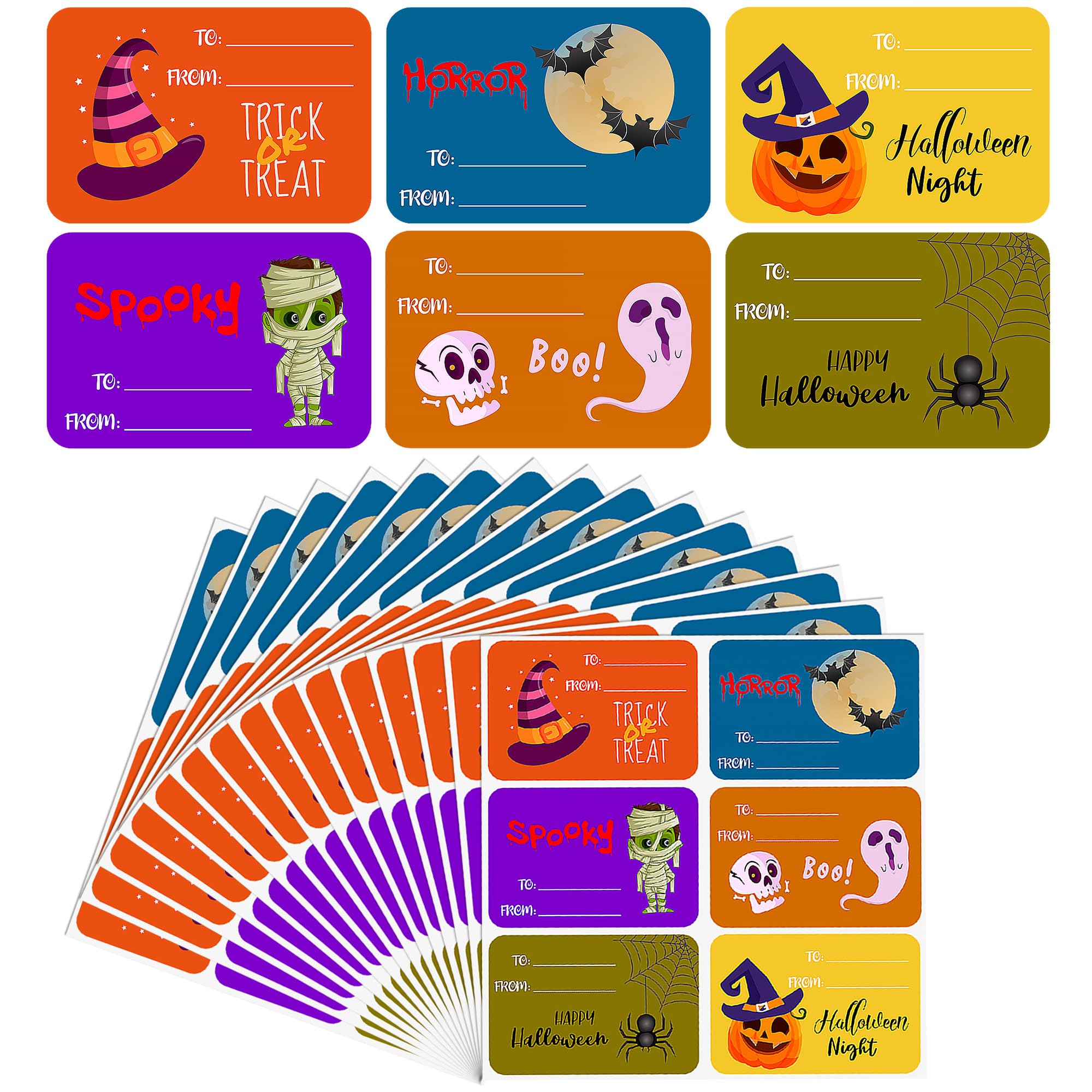 Lucleag 300PCS Halloween Tags Stickers for Wrapping, Self Adhesive Halloween Pumpkin Ghost Bat Spider Witch Hat Gift Stickers Wrap Tags for Halloween Presents Holiday Decorations