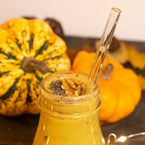 HALM Glass Straws - Autumn Edition - 6 Reusable Drinking Straws With Engraved Autumn Icons 20cm (8 in) - Leafs, Umbrella, Apple, Teacup, Kite, Pumpkin - Made in Germany - Dishwasher Safe