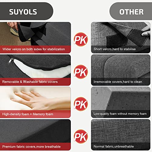 SUYOLS Folding Sofa Bed with Pillow - Convertible Chair Floor Couch & Sleeping Mattress - Foldable Memory Foam Sleeper for Living Room/Dorm/Guest Room/Home Office/Apartment/Upstairs Loft, Dark Grey