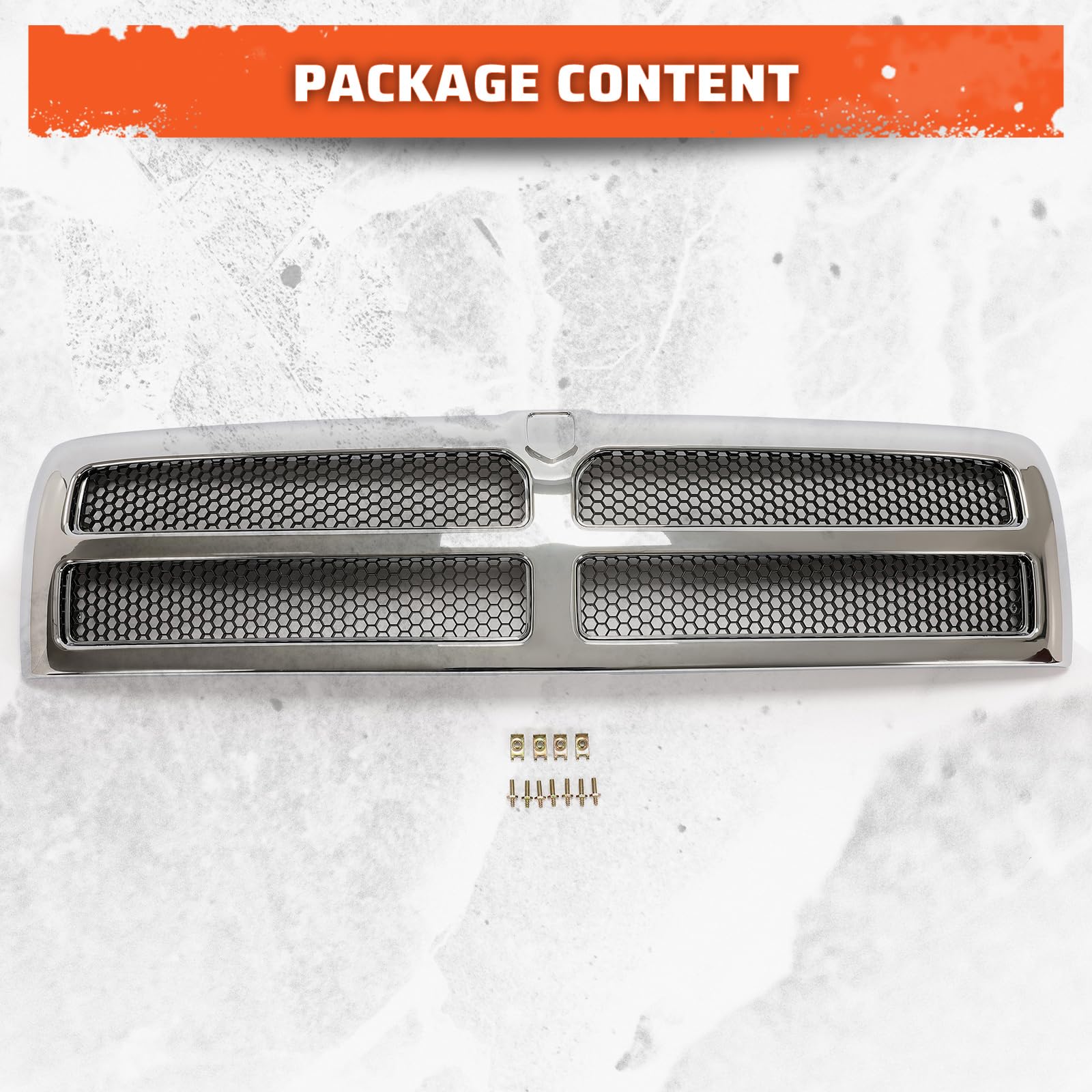 ECOTRIC Front Grille Compatible with 1994-2002 Dodge Ram 1500 2500 3500 Chrome w/Honeycomb Upper Grille Replacement for CH1200178 55055252