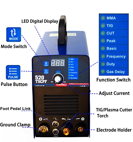 Plasma Cutter Welder Combo Pulse TIG Welder Stick Welder 3 in 1 Welding Machine, 50A Plasma Cutting, 200A TIG Welding (Pulse), Arc/MMA Welder More Stable Arc Dual Voltage 110V/220V 520TSCPF