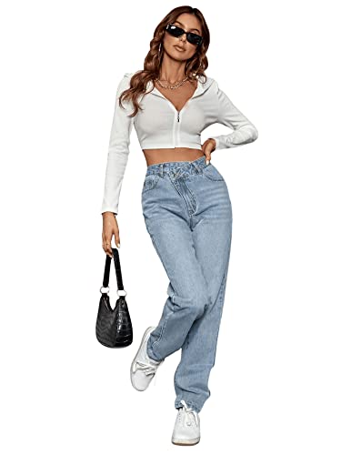SweatyRocks Women's High Waisted Straight Leg Long Jeans Asymmetrical Waist Denim Pants Solid Pale Blue M