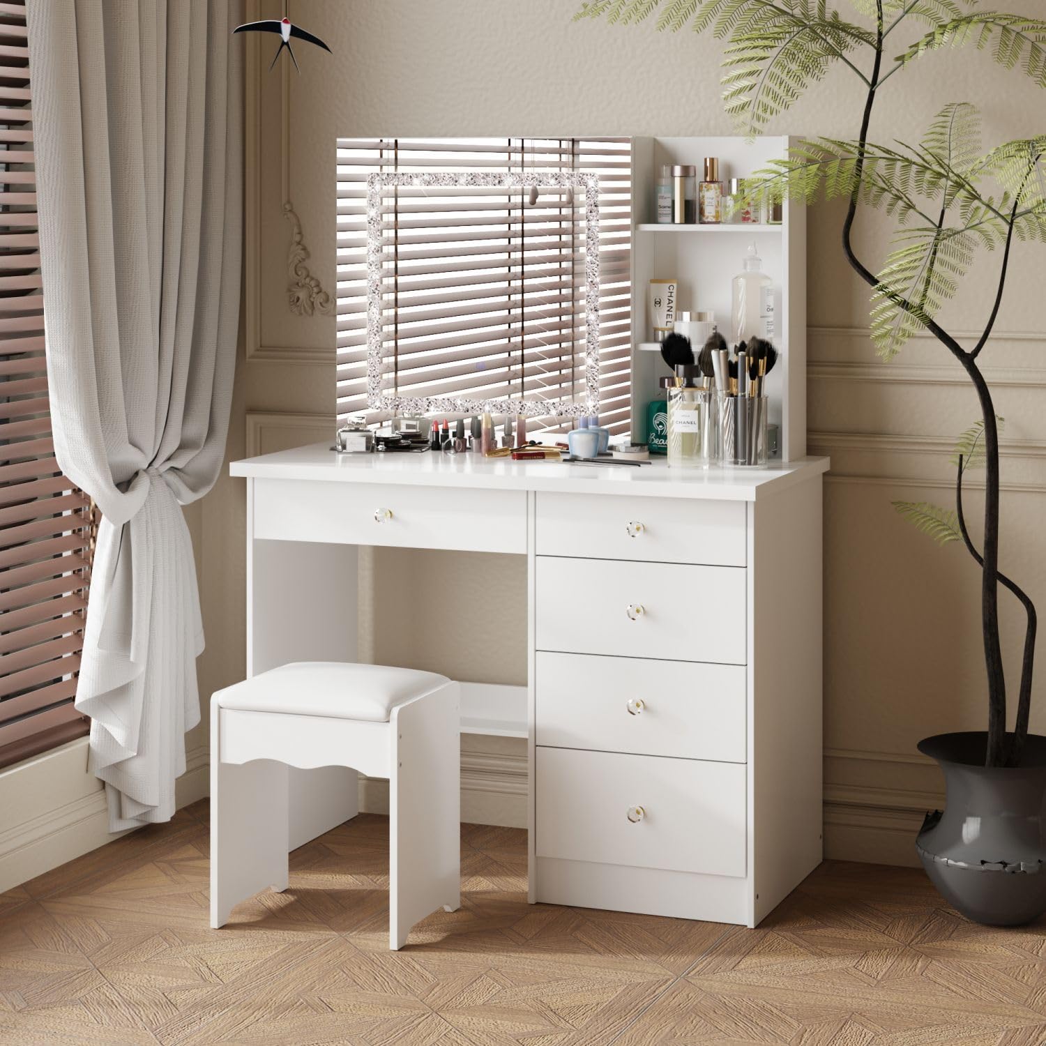 TAMUNE Vanity Desk with Sliding Mirror and Lights, Makeup Vanity with 5 Drawers & Shelves, Dressing Table with Crushed Diamond Lighted Mirror & Stool, Pink, 19.7”D x 39.4”W x 53.3”H