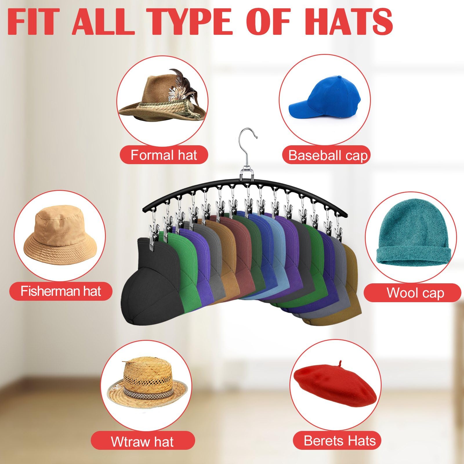 NAKBINX Hat Hanger for Closet, 2 Pack Metal Hat Organizer for Baseball Caps, 360° Rotation Hangers Space Saving with 30 Rubber Coated Clips, Foldable Hat Rack, Organizer&Display for Legging/Pant