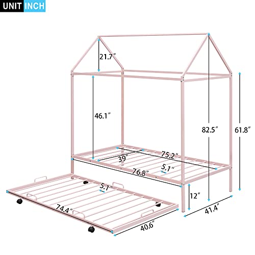 Merax Cute Montessori Bed with Trundle Twin, Metal Low House Daybed for Kids No Box Spring Needed/Space Spaving Pink