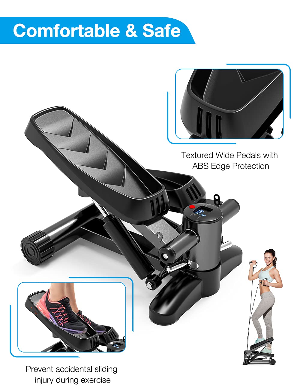 DACHUANG Mini Exercise Stepper 330lb, Stair Steppers with Display, Aerobic Fitness Stepper Exercise Machine with Resistance Bands Step Fitness Machines for Home Office Workout, Bright Dark Black
