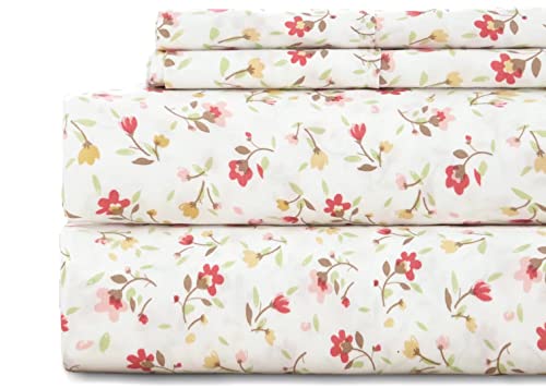 Queen Bed Sheet Set 4PC Printed Cute Red Flower Sheet Pattern Cooling Brushed Microfiber 17" Deep Pocket Floral Sheets Set Luxury, Soft, Breathable, Hypoallergenic, Wrinkle Free Double Bedding