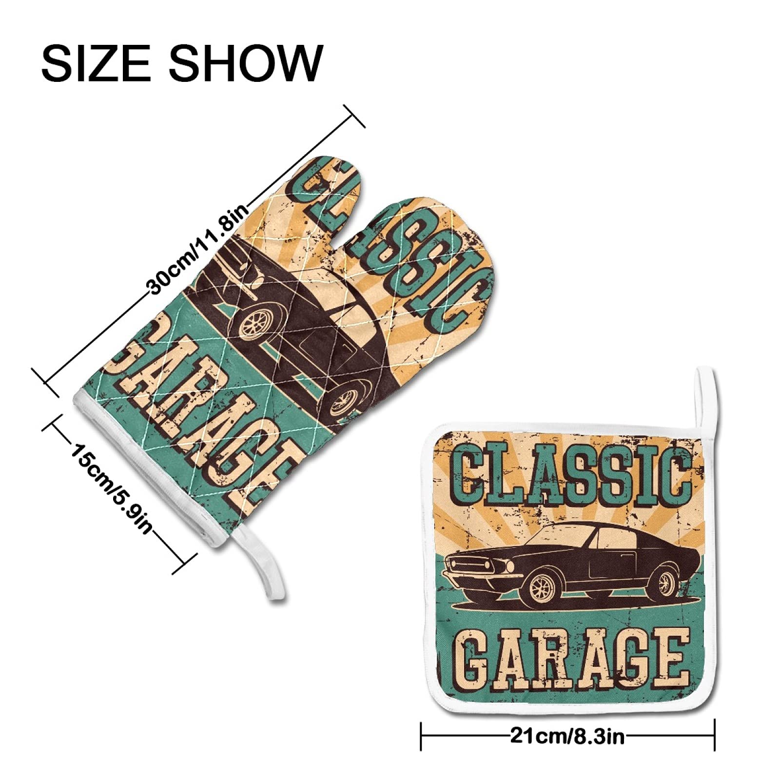 FCZ Oven Mitts and Pot Holders Kitchen Gloves Non Slip Oven Mitts and Hot Pads BBQ Gloves Oven Mitts and Hot Pads for Kitchen Cooking Baking Grilling Vintage Classic Race Car Green