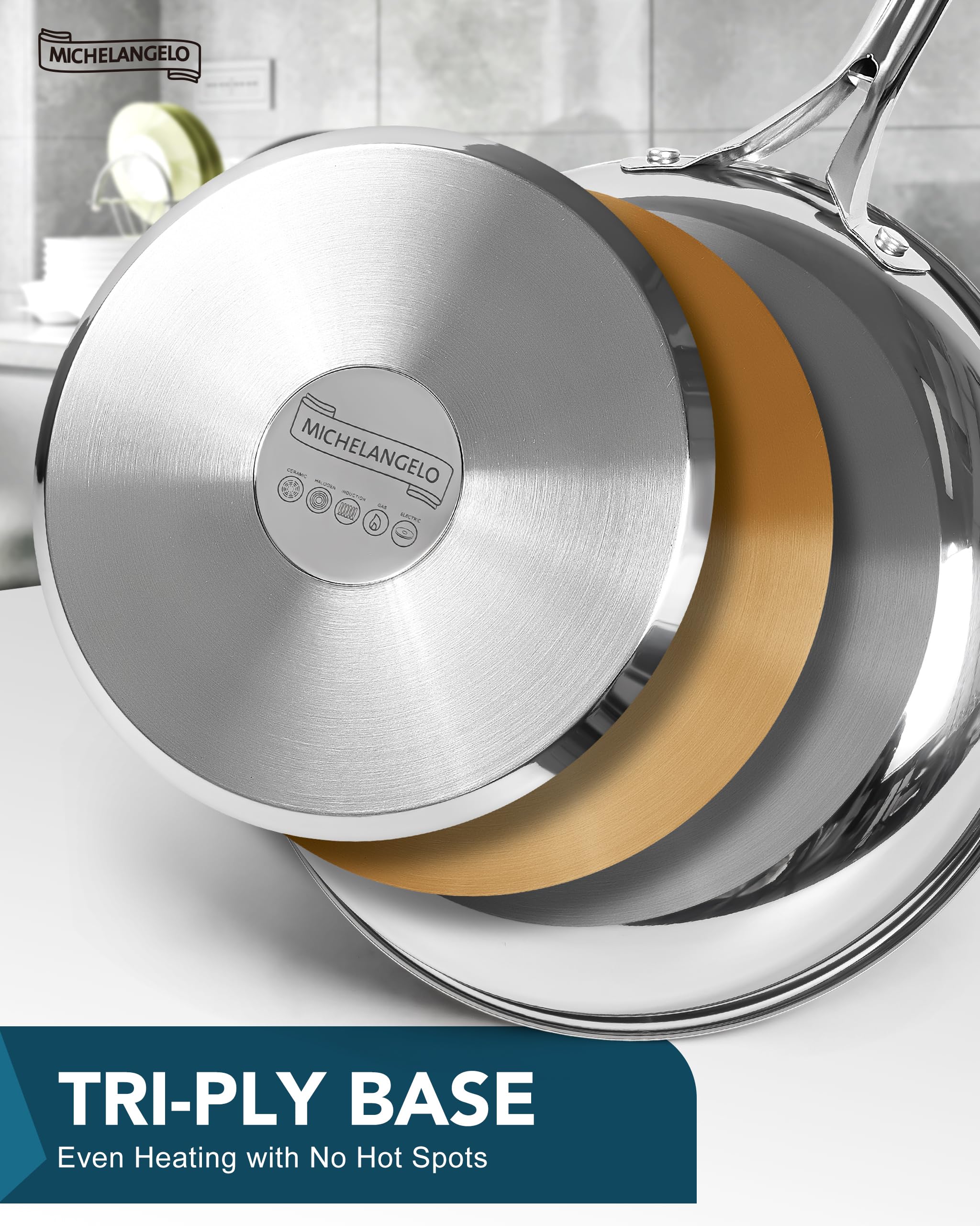 MICHELANGELO Stainless Steel Frying Pan Set, 8" / 9.5" / 11" Cooking Pans, Triply Base Stainless Steel Pan Set with Ergonomic Handle, Induction Compatible