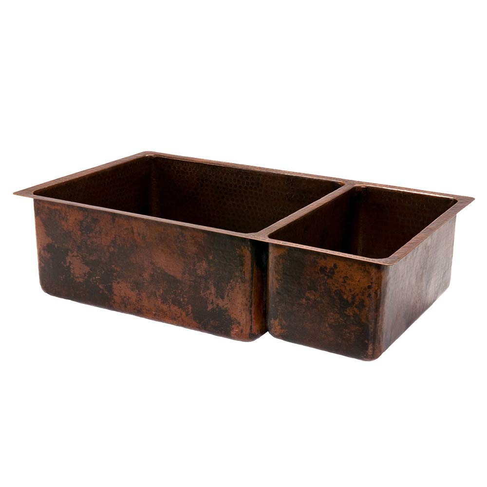 Premier Copper Products K75DB33199 33-Inch Hammered Copper Kitchen 75/25 Double Basin Sink, Oil Rubbed Bronze