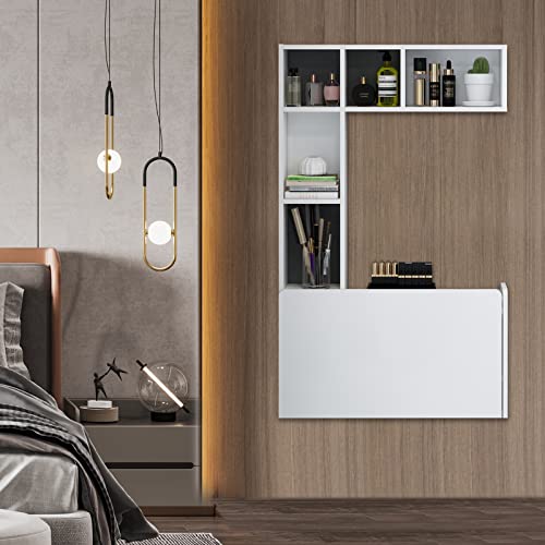 Pmnianhua Floating Desk,Wall Mounted Desk Folding,Space Saving Desk,Folding Wall Desk for Small Space Apartment Bedroom(White)