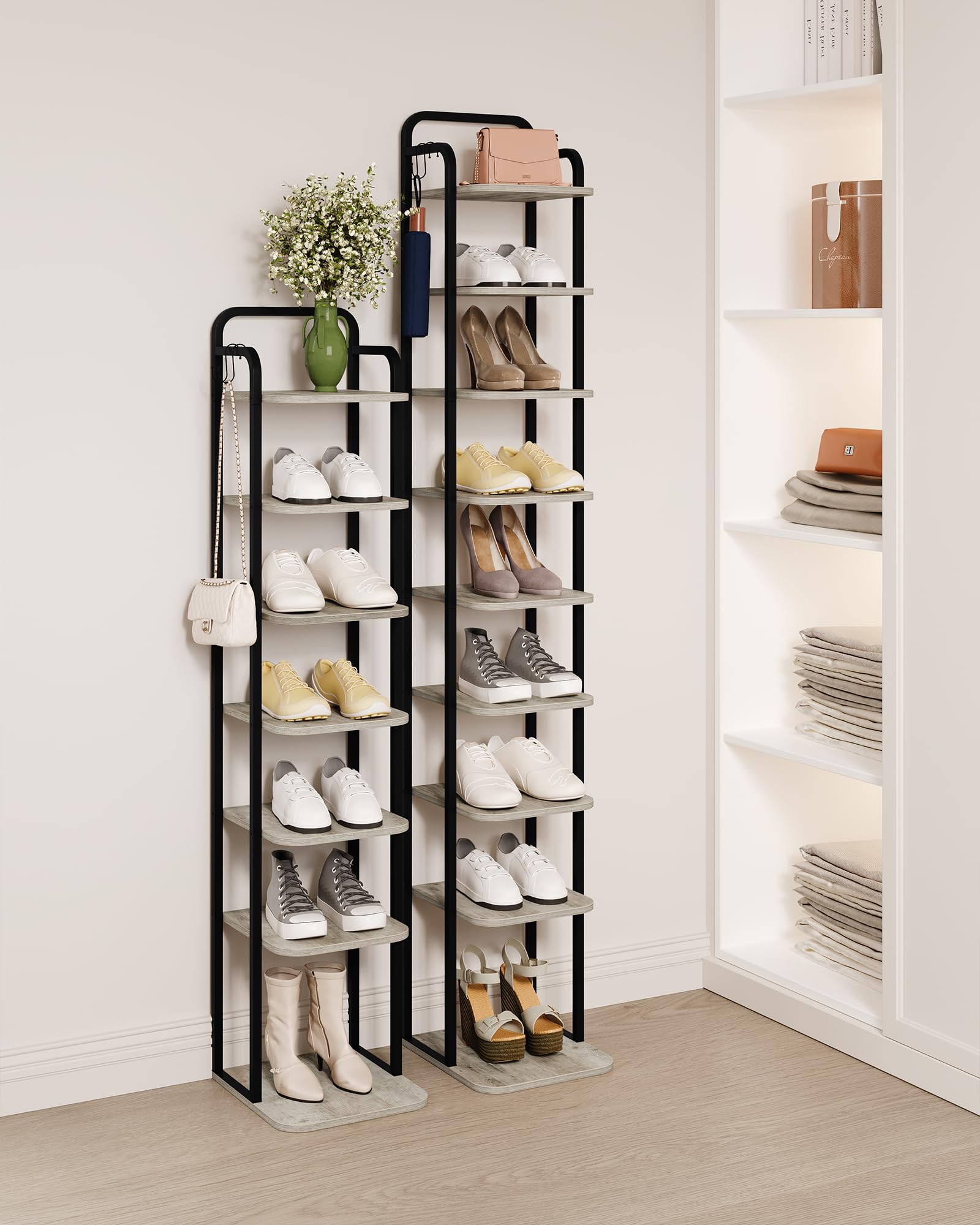 Hzuaneri Vertical Shoe Rack, Shoe Shelves, Wood Shoe Organizer for Closet, Entryway, Shoe Tower for Small Spaces, Free Standing, Adjustable, with 2 Hooks, 7 Tier Greige SR20205B
