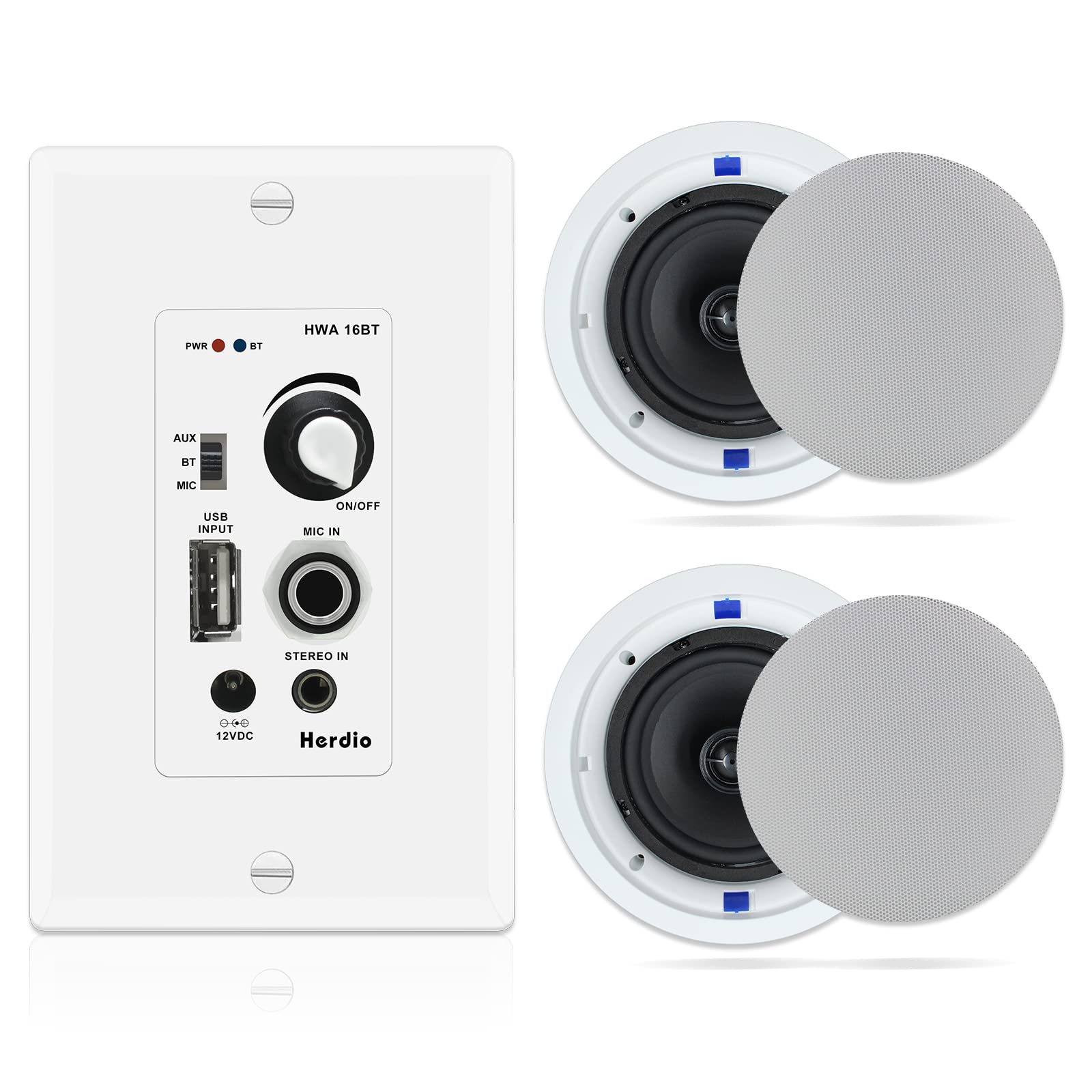 Herdio 6.5 Inch Bluetooth Ceiling Speakers 320W 2-Way Flush Mount in Wall Amplifier Receiver Perfect for Home Theater Bathroom Living Room Kitchen Office (White, Pair)
