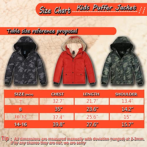 SNOW DREAMS Boys Winter Coat Puffer Jackets Fur Hooded Ski Jacket Camo Fleece Lined Army Green Size 14