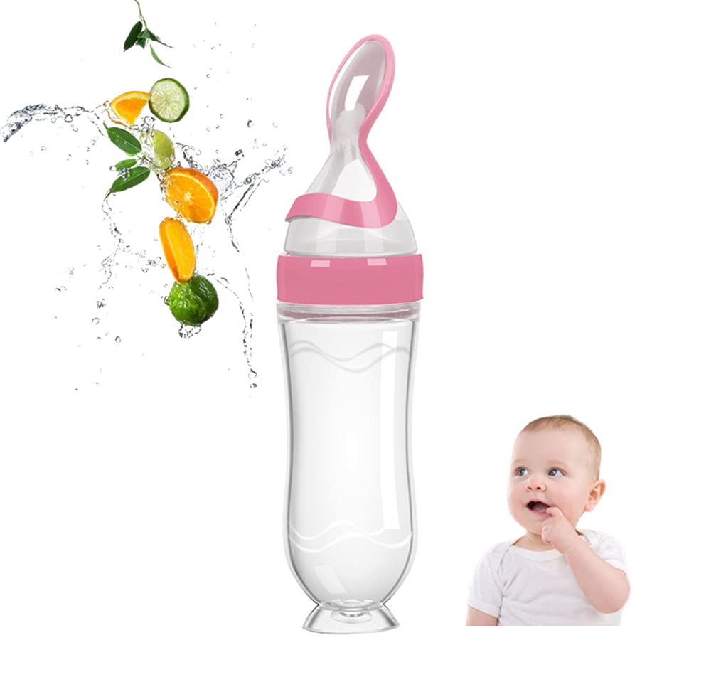 Gaodear Natural Touch Silicone Baby Food Feeder,Squeeze Cereal Bottle with Dispensing Spoon,Suction Cup Design,3 Ounce/Pink