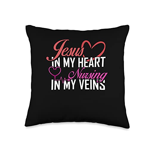 Jesus In My Heart Nursing In Veins CNA Nurse Gift Jesus in My Heart Veins | CNA Registered Nurse Throw Pillow, 16x16, Multicolor