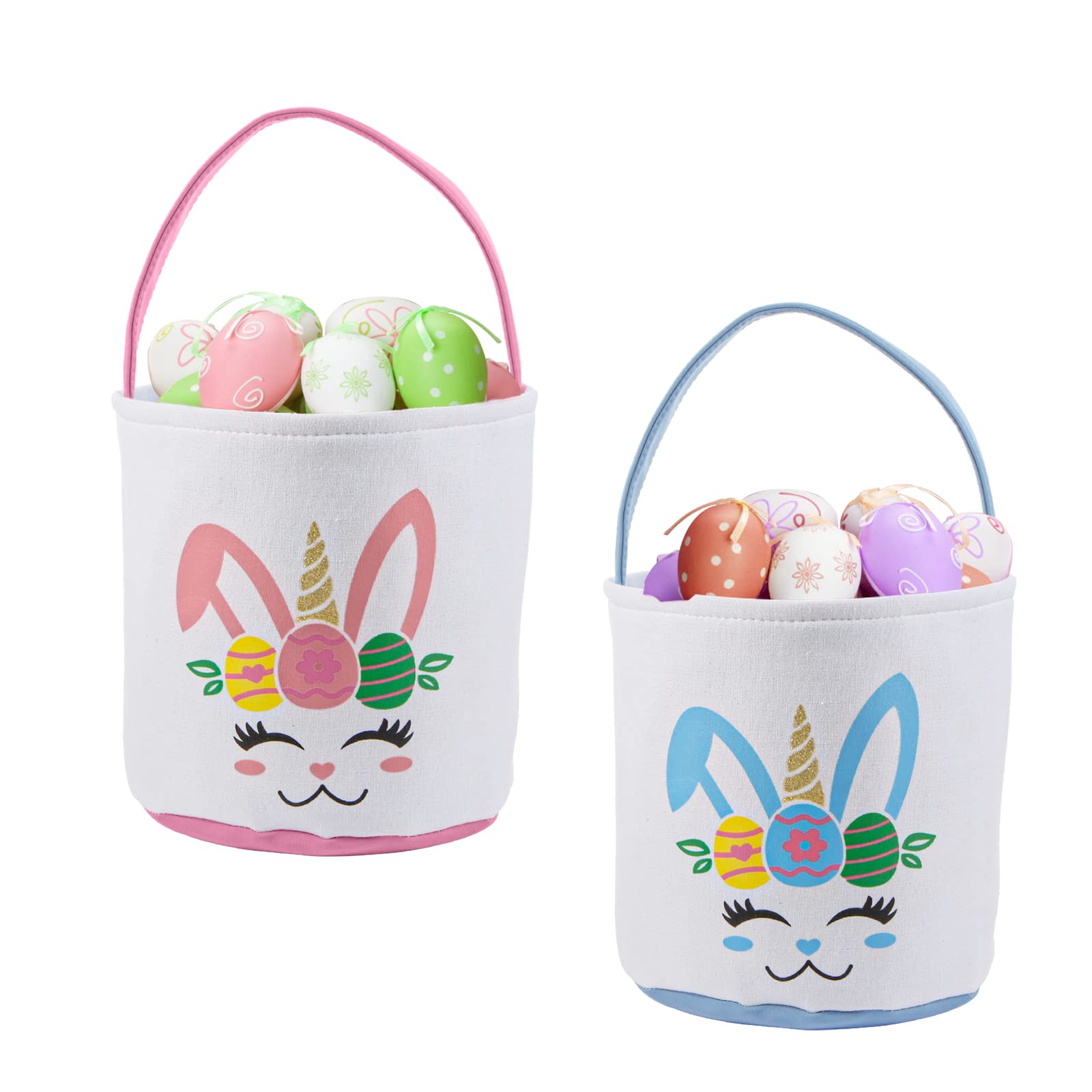 SHOKUTO Easter Bunny Basket Bags, 2Pcs - Polyester, Cotton, Multicolor, Round, 9"x 9"x 10"