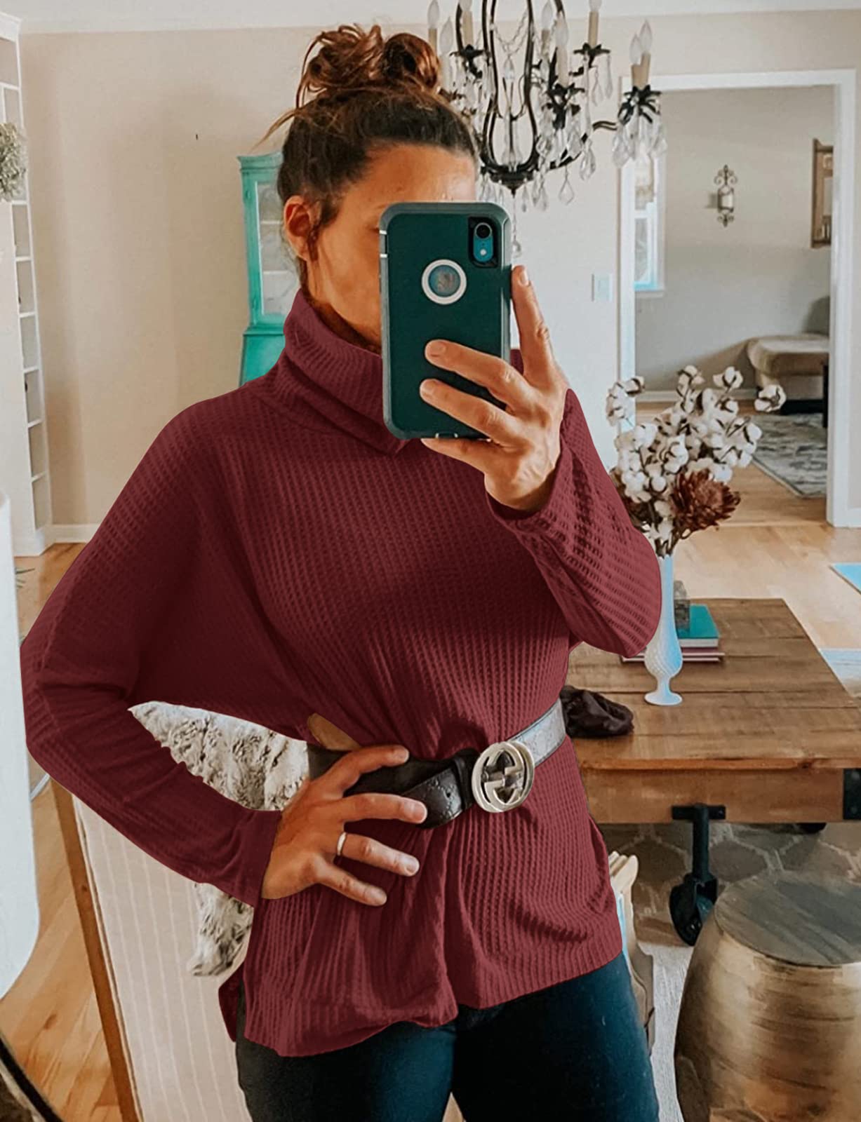 Dokuritu Women's Turtleneck Long Sleeve Red Knit Sweater Causal Loose Cowl Neck Waffle Knit Tunic Tops High Low Side Slit Pullover(Red,S)