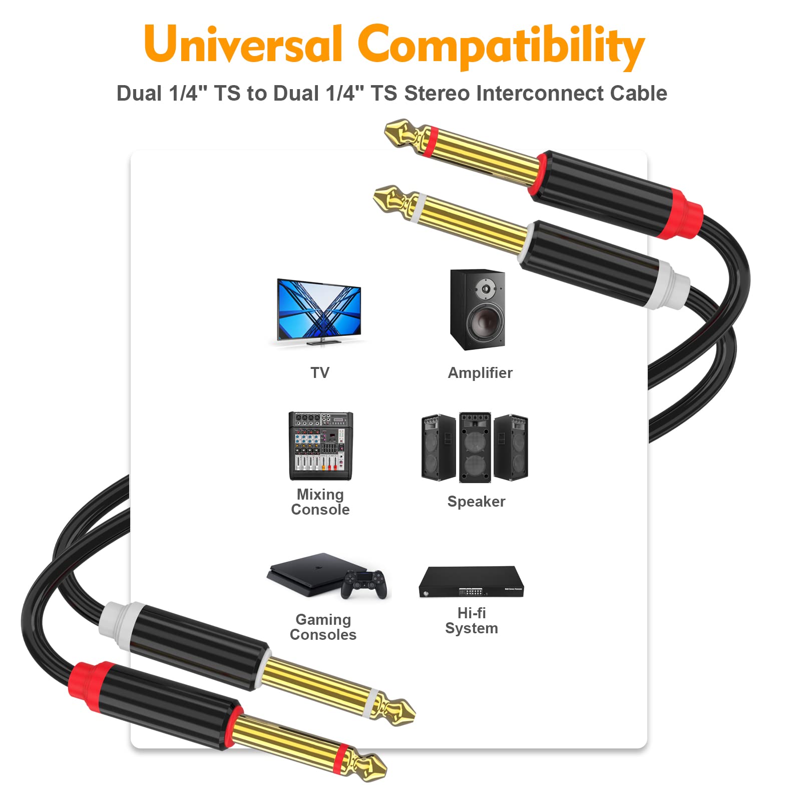 HOSONGIN Dual 1/4 inch TS to Dual 1/4 inch TS Stereo Interconnect Insert Cable, PVC Jacket Gold-Plated Plug Double Shielding Cable, 10 Feet