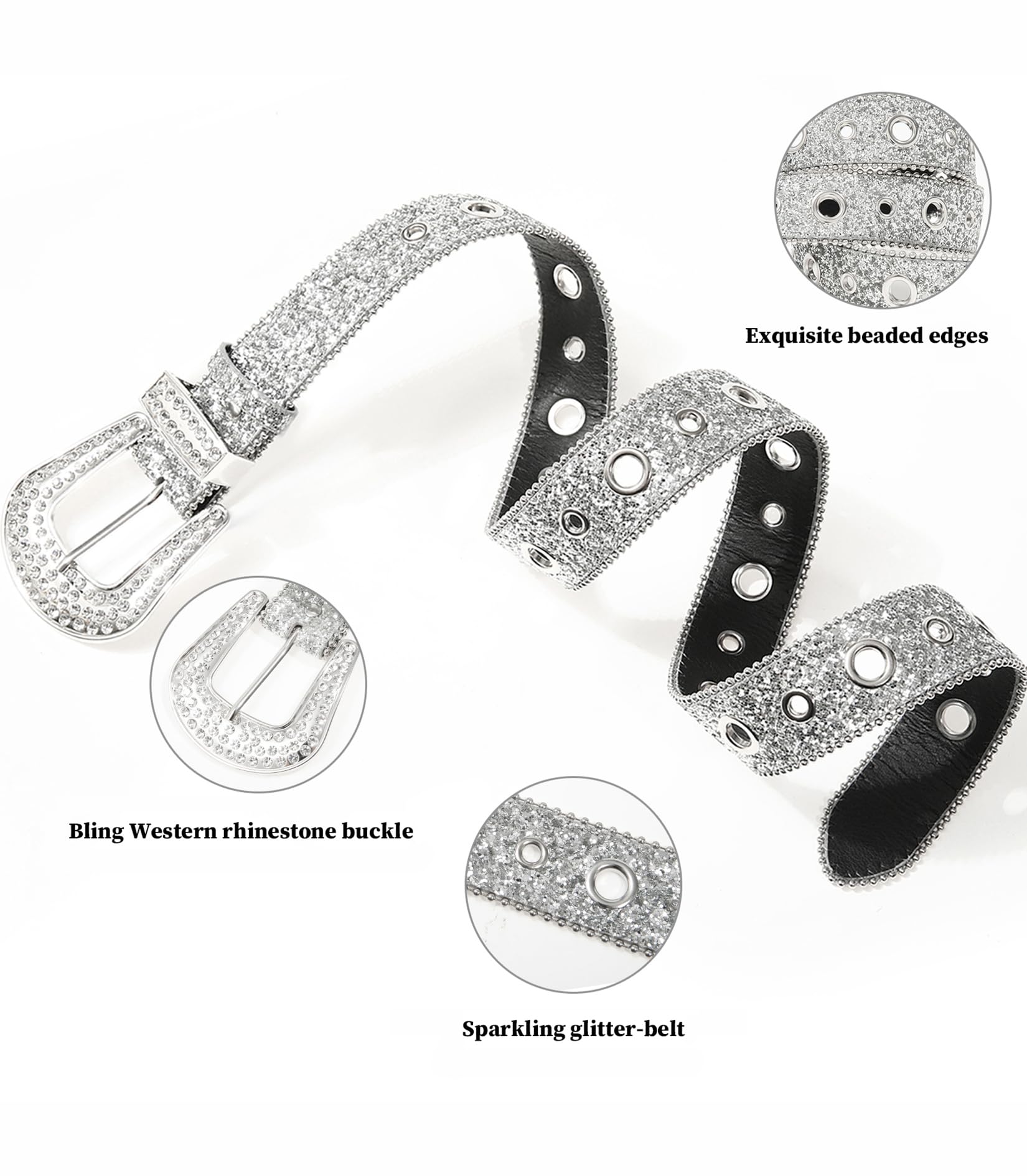 Kajeer Rhinestone Belt for Men Women, Vintage Cowgirl Diamond Bling Belts for Jeans(Silver, Small)