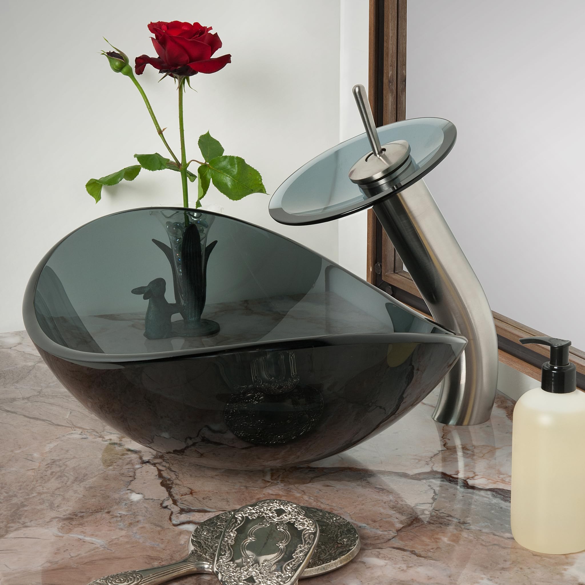 Novatto GF-001BN-S Falls Single Lever Waterfall Vessel Faucet, Smoke Glass