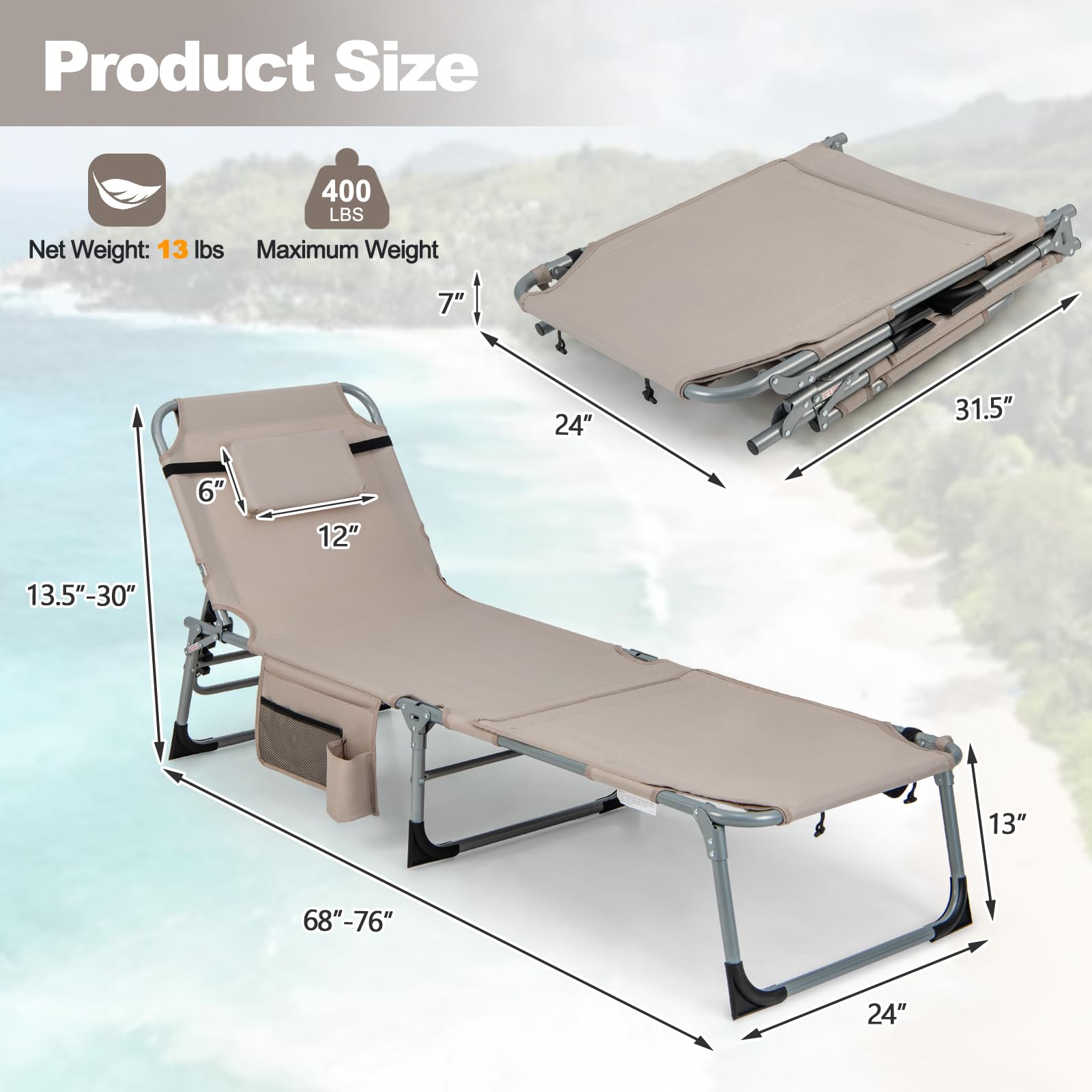 Tangkula Beach Lounge Chair, Outdoor Folding Tanning Chair with Face/Arm Hole, 2 Carry Handle, Pillow, Adjustable Backrest, 400 LBS Face Down Sunbathing Chair for Outside Beach Poolside