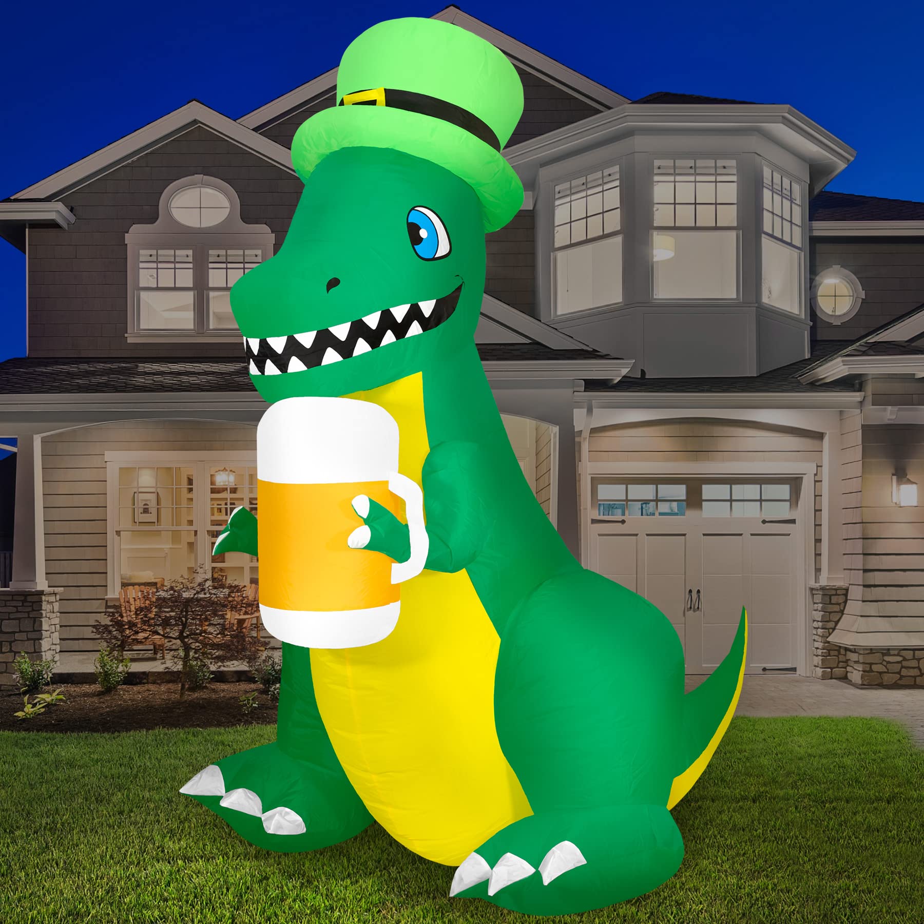Holidayana 5ft St Patricks Day Inflatable Leprechaun T-rex with Beer - Leprechaun Saint Patricks Day Party Blow Up Yard Decoration, Includes Built-in Bulbs, Tie-Down Points, and Powerful Built-in Fan