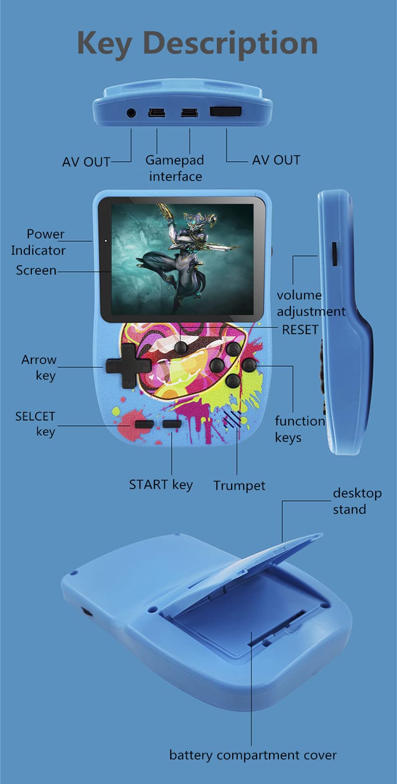 HLF 3.8 inch Retro Video Game Console Dual Handle 520 in 1 Game Portable Handheld Game Device Desktop Stand AV-Out TV Output Rechargeable Lithium Battery Gift for Children (Blue)