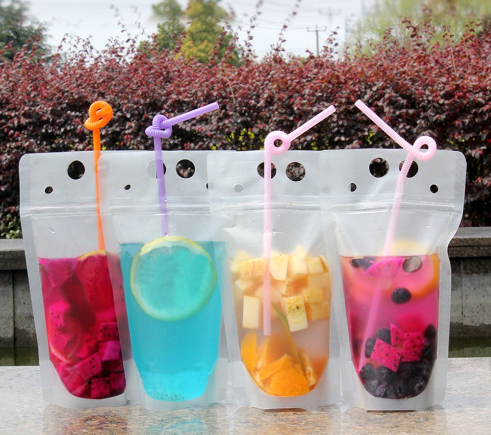 Herdro 100 Pack Clear Drink Pouches Bags with Straws - Reclosable Zipper Stand-up Plastic Pouches Bags Drinking Bags - 9.1" x 5.2"/17 Oz