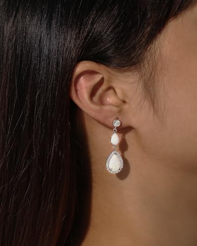 FANCIME October Birthstone Earrings Created Opal Dangle Earrings Sterling Silver 2 Stones White Fire Opal Halo Cubic Zirconia Long Teardrop Earrings for Women