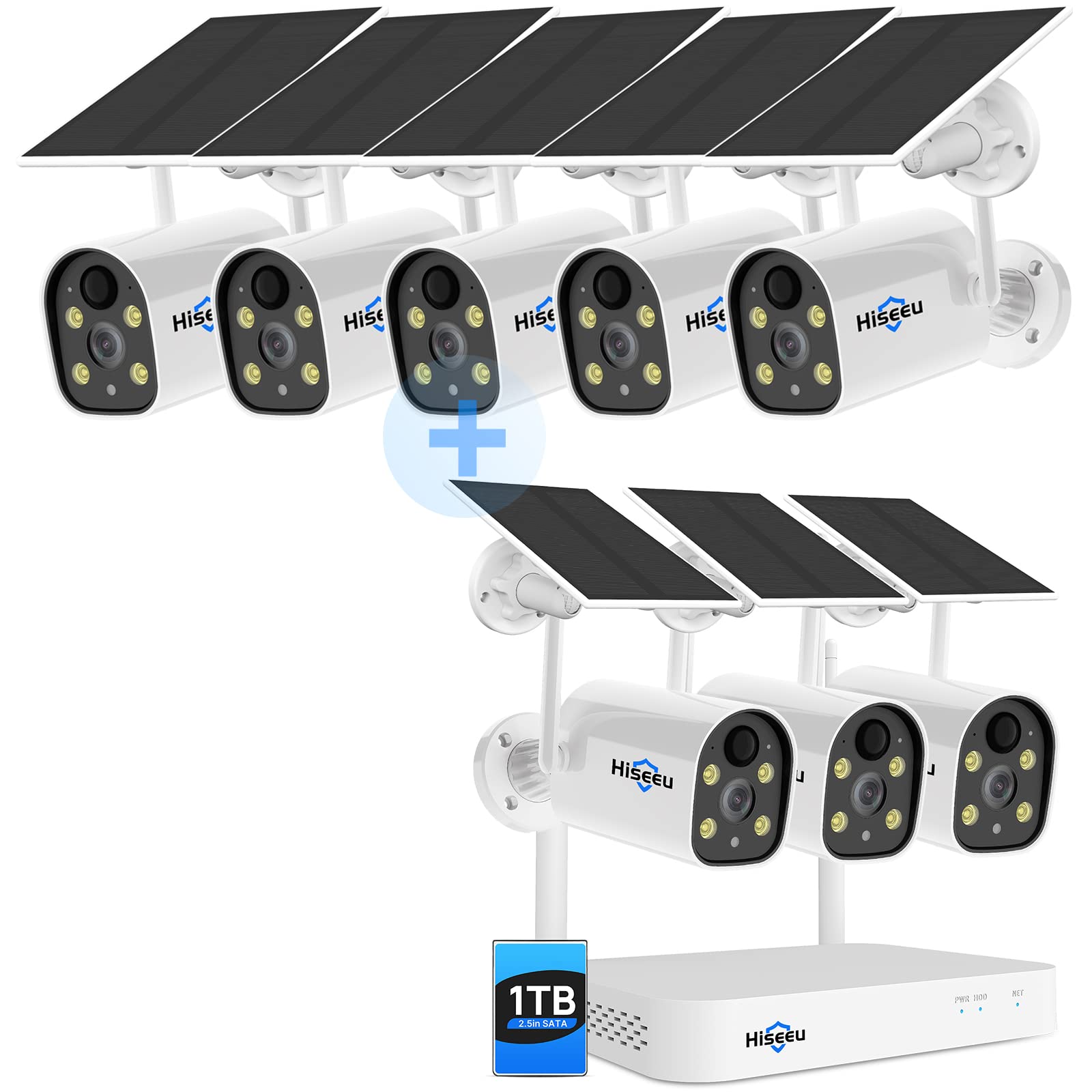 Hiseeu Solar Battery Powered Wireless Security Camera System,100% Wire-Free 8-Cam Kits,2K HD, Spotlight, Color Night Vision, 2-Way Audio, PIR, Wall Mount, Waterproof, Record with 1TB HDD Home Secuirty