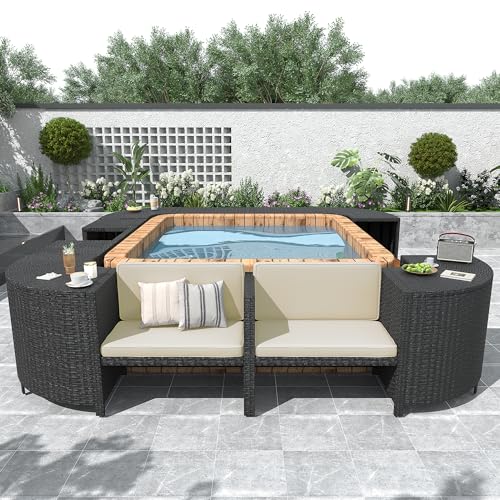 LOUHME c - Outdoor Rattan Sectional Sofa Set with Mini Couch, Patio Conversation Set Featuring Wooden Seats and Storage Spaces, for Garden and Poolside, Beige
