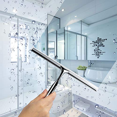Shower Squeegee for Glass Doors 10 Inches Stainless Steel Squeege for Window and Car, 4 Suctions Shower Mirror