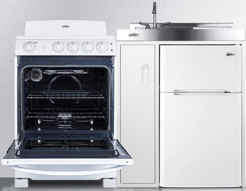 Summit Appliance ACK54COILW 54" Wide All-in-One Kitchenette with 220V 4-Element Electric Coil Range, Refrigerator-Freezer, Sink, Cutting Board and Cutlery Storage, and a Storage Cabinet